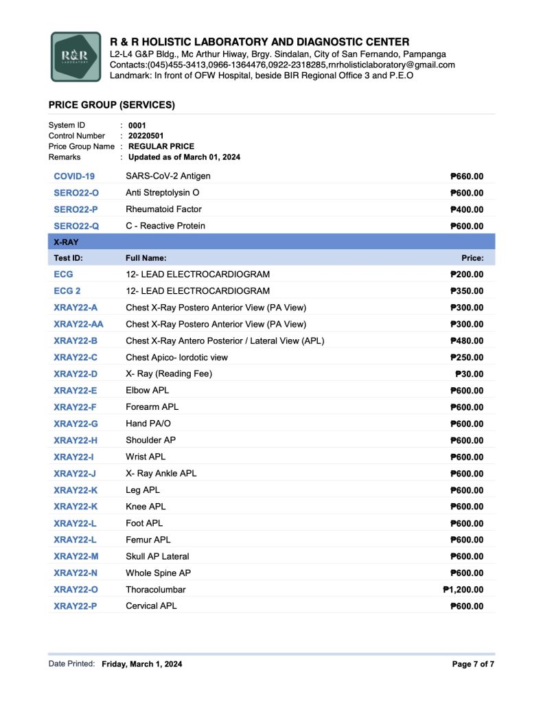 Clinic Pricelist March 1, 2024 DB Format 7 - R & R Holistic Laboratories